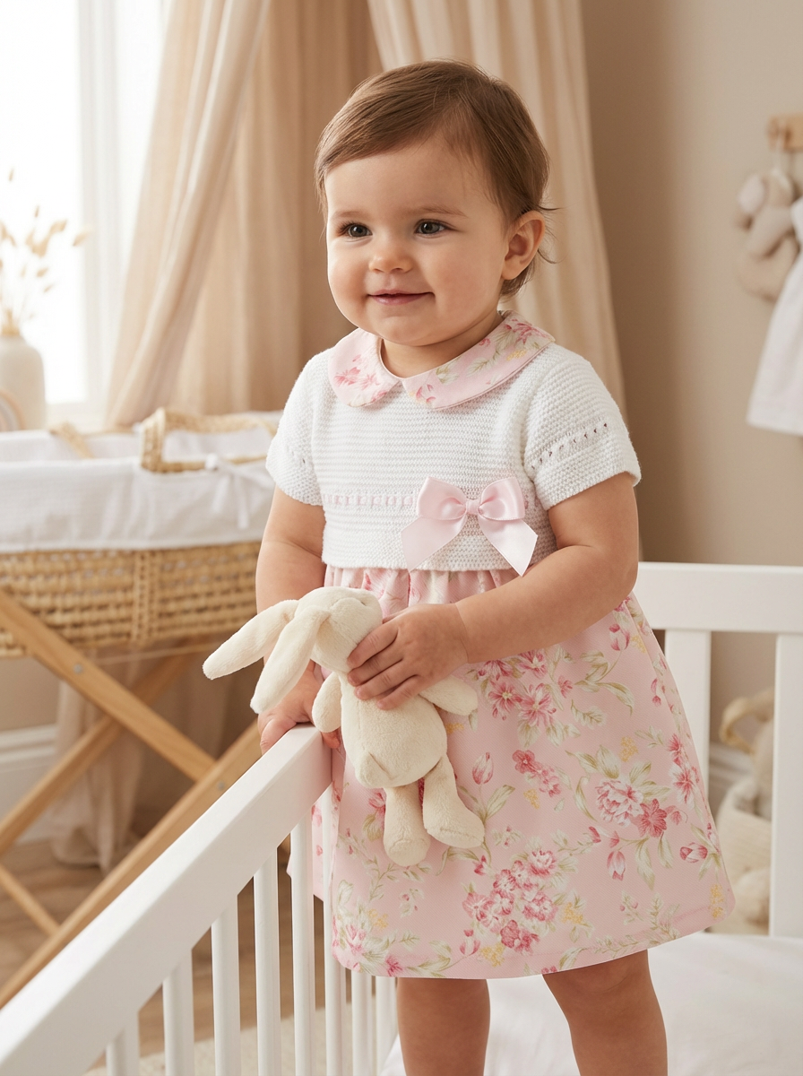 PEX Girls Pink Floral Knitted Dress with Bow – Newborn to 24 Months ...